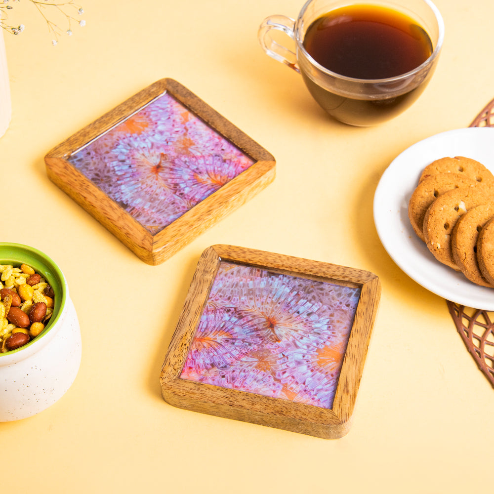 Wooden Square Coasters with Abstract Design Set of 2